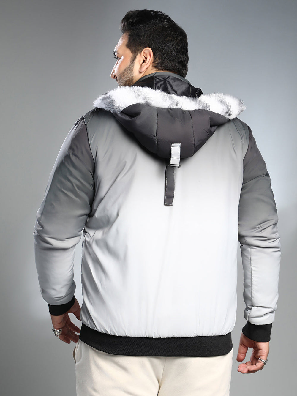 Instafab Plus mens Charcoal Black & Light Grey Ombre Puffer Jacket With ...
