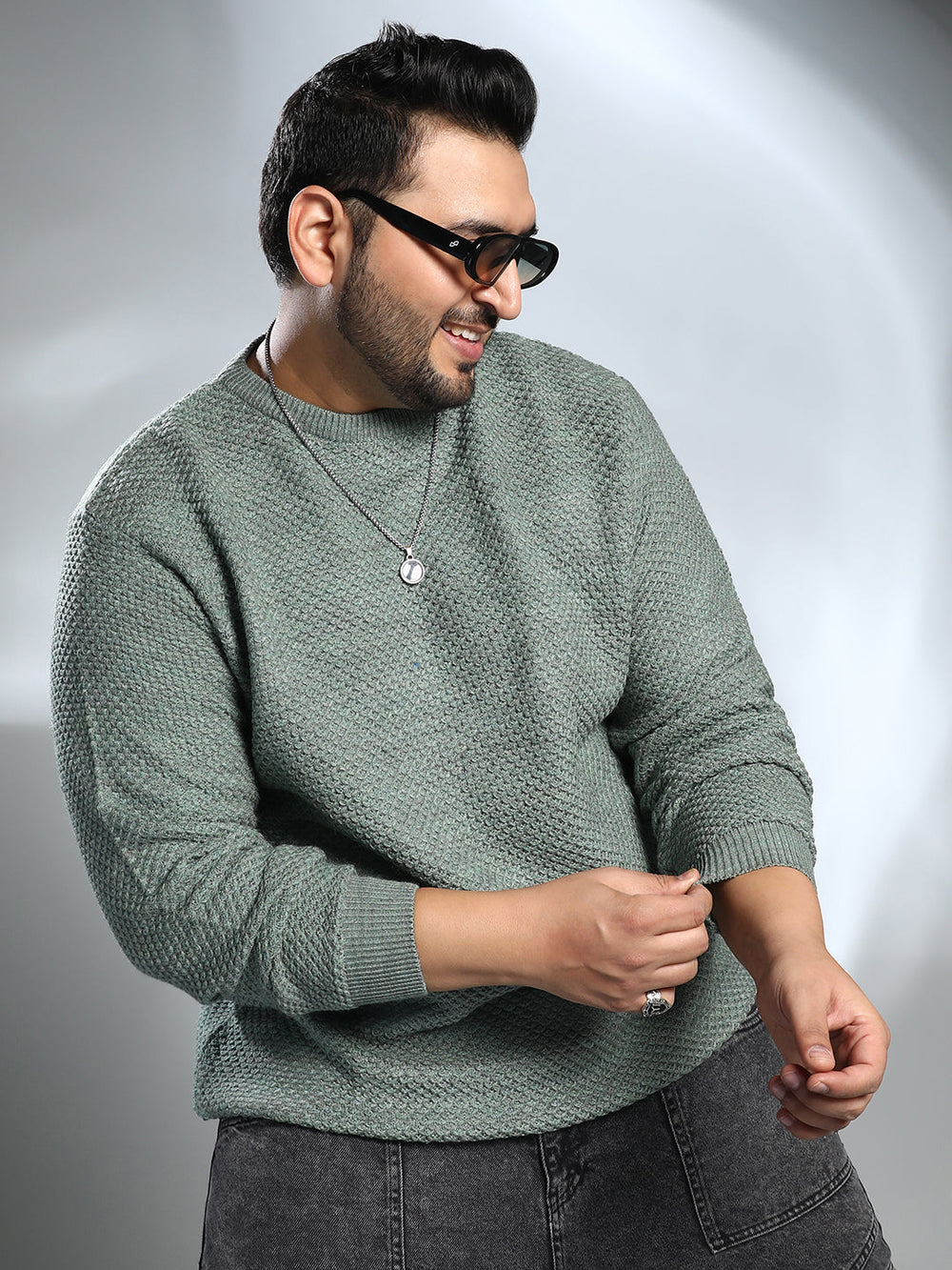 Instafab Plus mens Sage Green Textured Knit Pullover Sweater