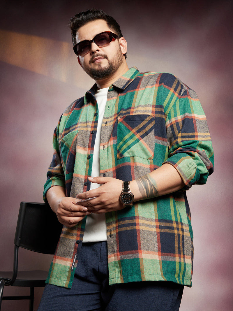 Instafab Plus Men's Jungle Green & Navy Blue Plaid-Check Utility Shacket