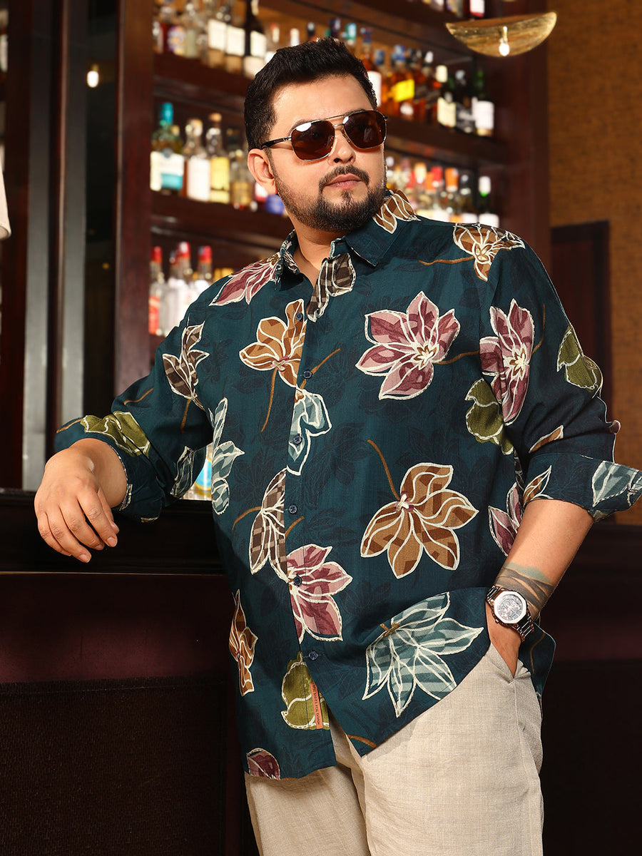 Instafab Plus Men's Teal Green Floret Imprint Shirt