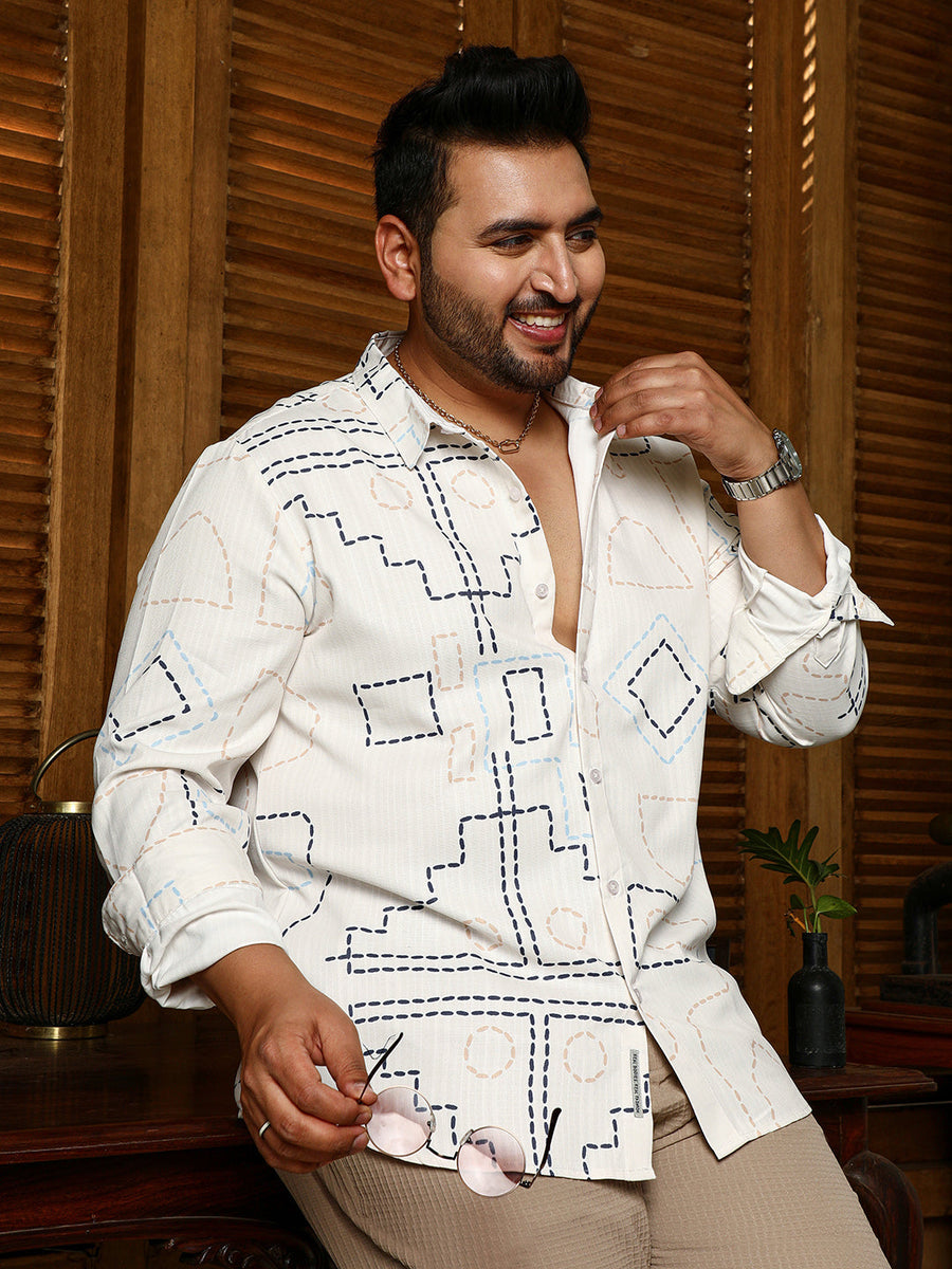 Instafab Plus Men's Off-White & Navy Blue Thread-Lines Shirt