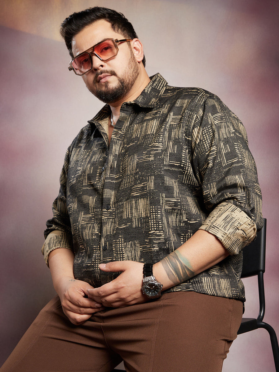 Instafab Plus Men's Midnight Black & Khaki Beige Threadline -Weave Shirt