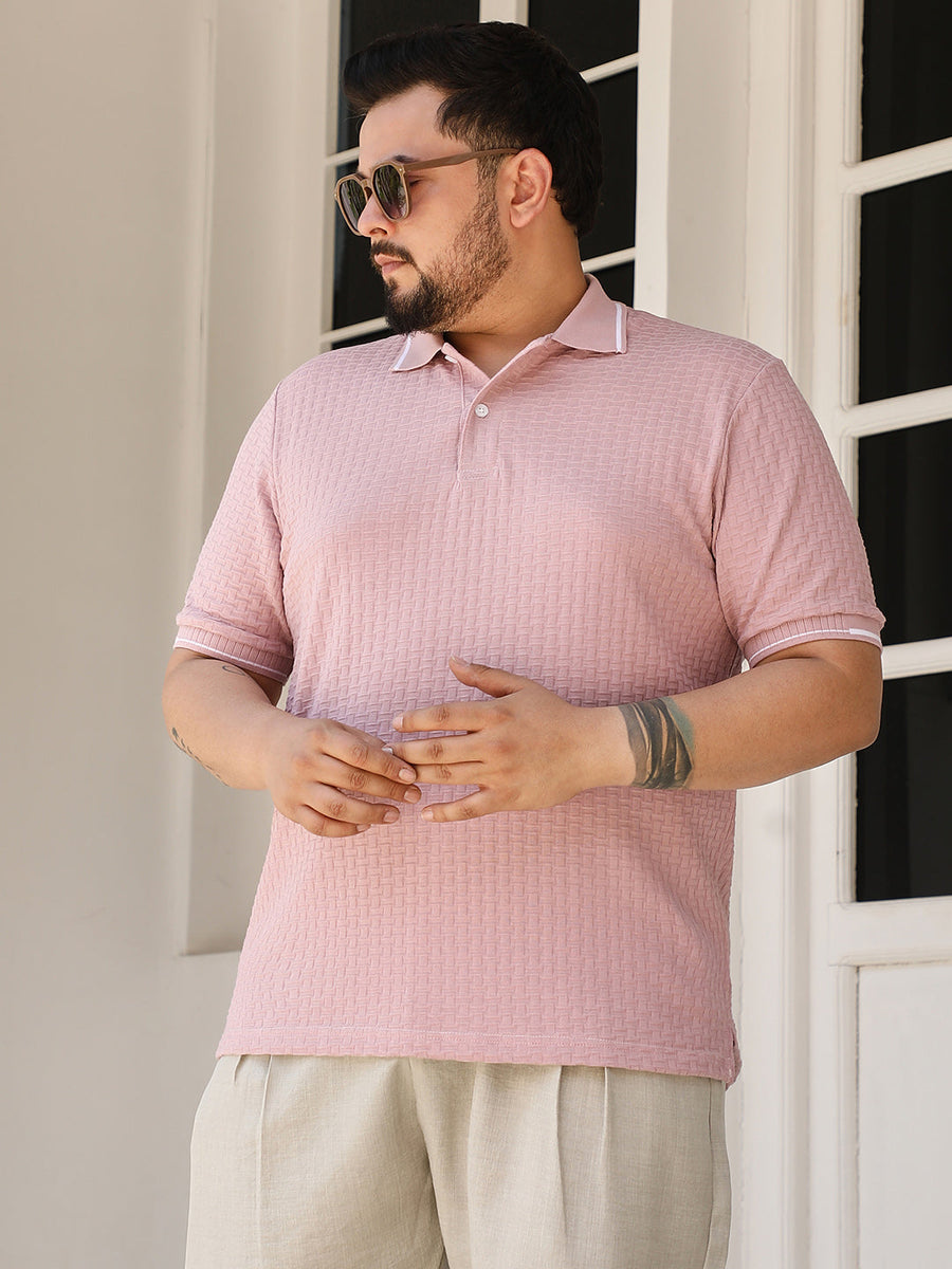 Instafab Plus Men's Blush Pink Interweave-Textured Polo T-Shirt