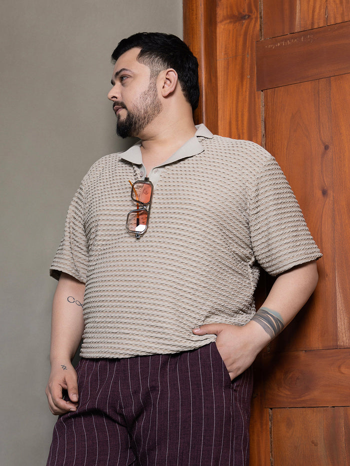 Instafab Plus Men's Peanut Beige Crease-Tactile Cuban Polo T-Shirt