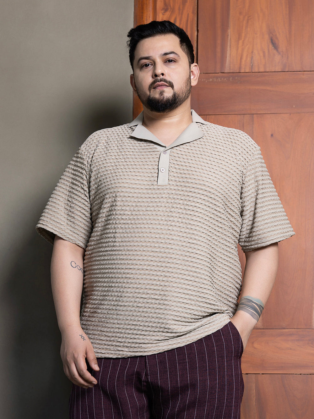 Instafab Plus Men's Peanut Beige Crease-Tactile Cuban Polo T-Shirt