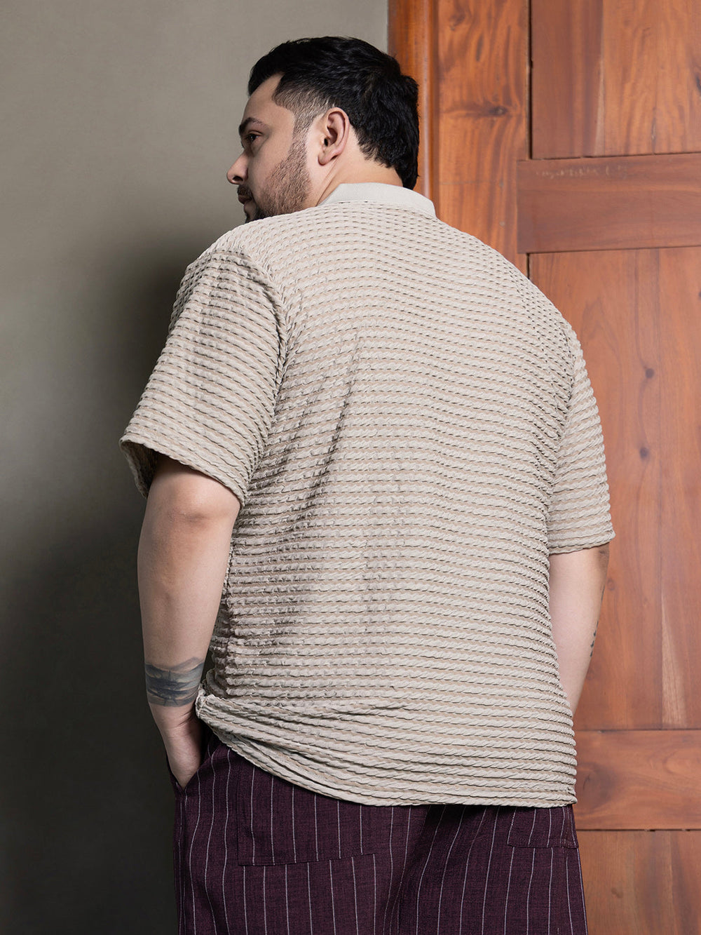Instafab Plus Men's Peanut Beige Crease-Tactile Cuban Polo T-Shirt