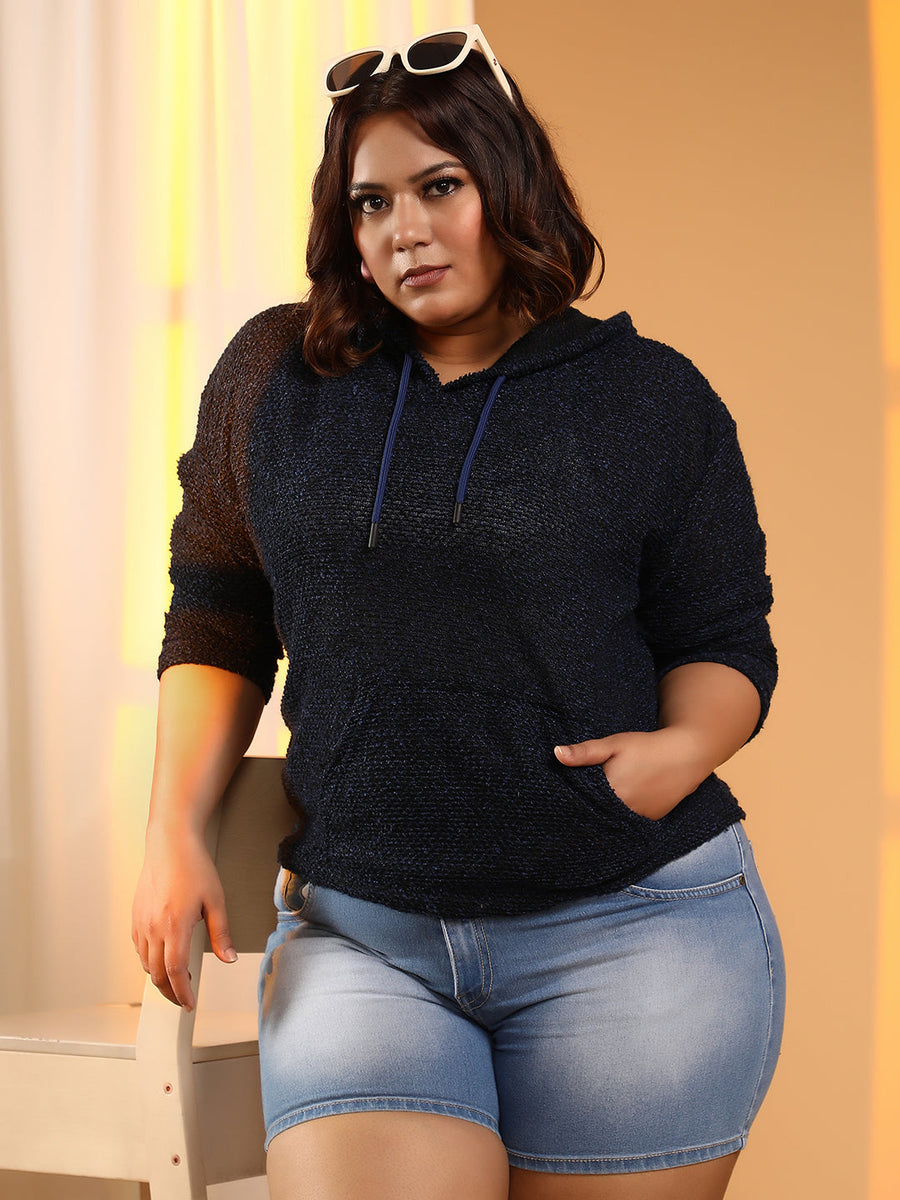 Instafab Plus womens Prussian Blue Textured-Knit Pullover Hoodie
