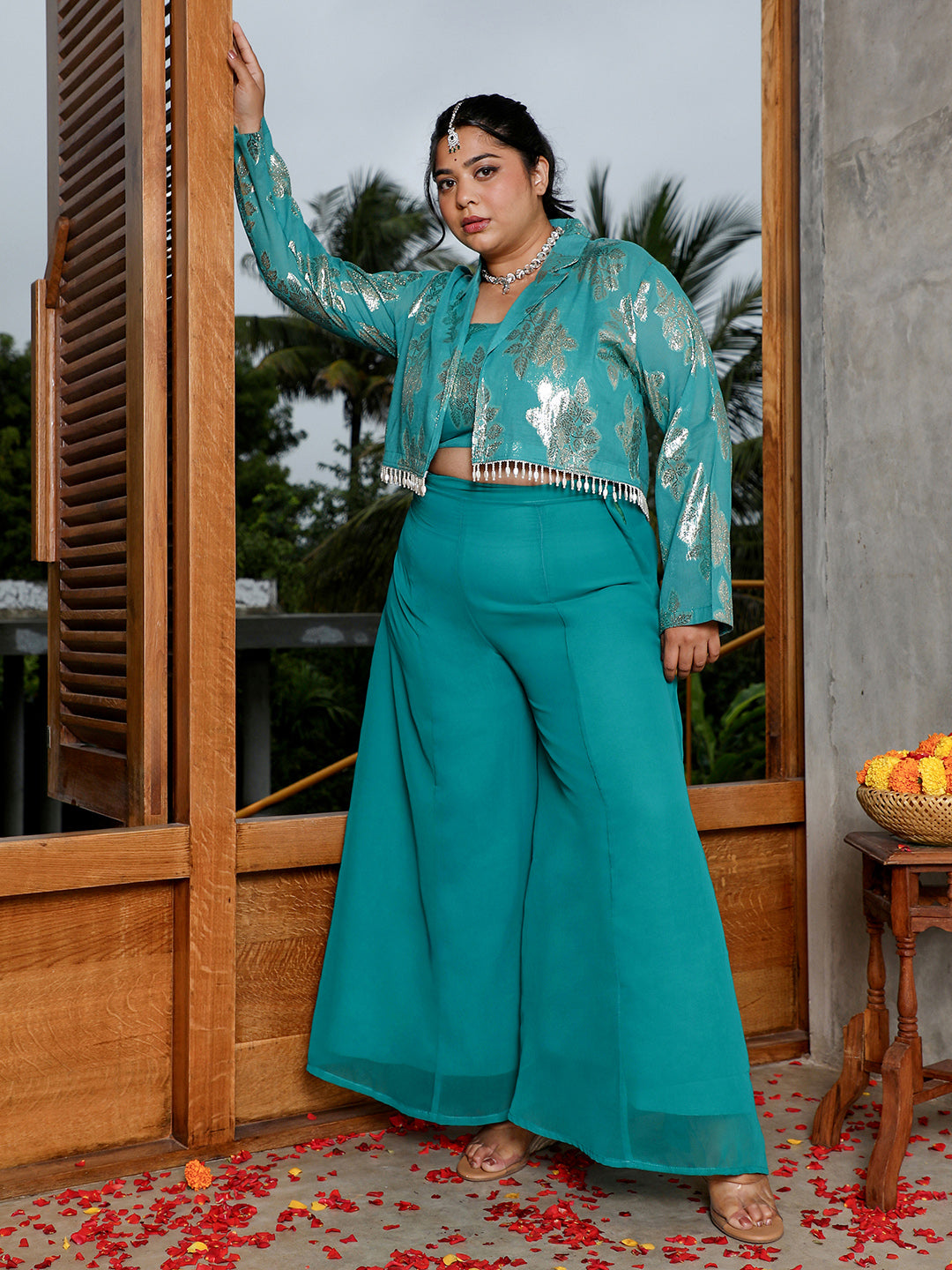 Instafab Plus Women's Teal Green Plume Threads Co-Ord Set