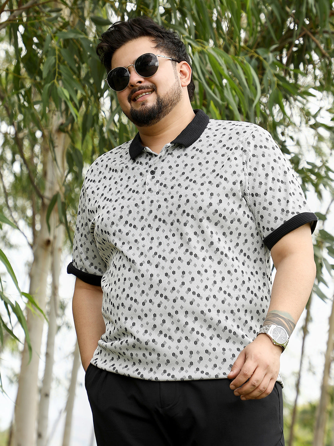 Instafab Plus Men's Cream White Shadowed-Polka Polo T-Shirt